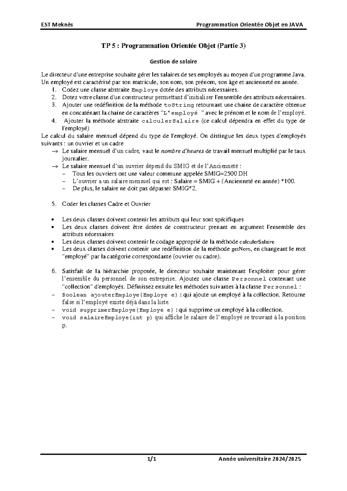 TP5 POO-2025 : Gestion des Salaires en Java - Programmation Orientée Objet - Studocu