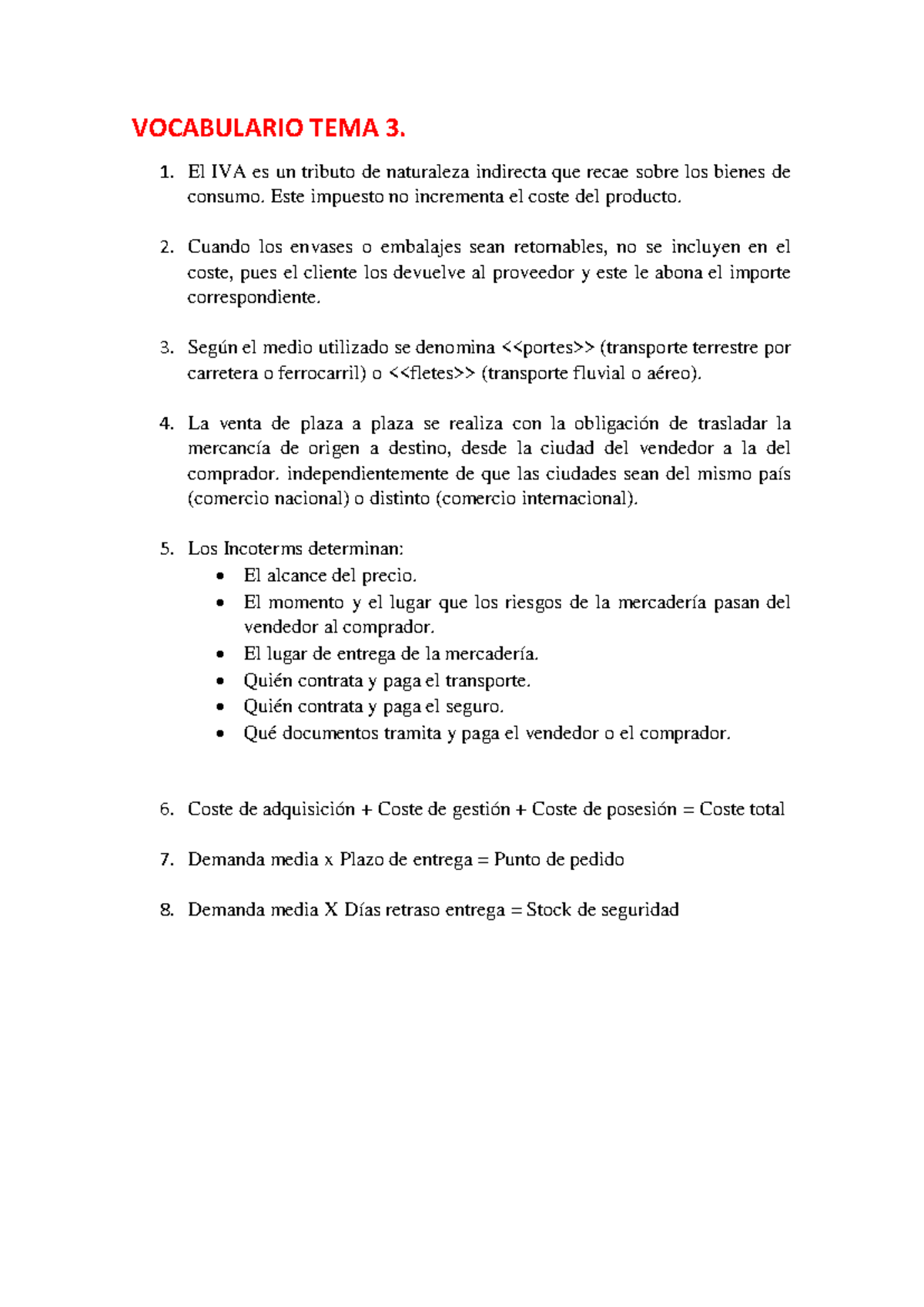 Vocabulario TEMA 3 - Logística y Costos de Transporte - Studocu
