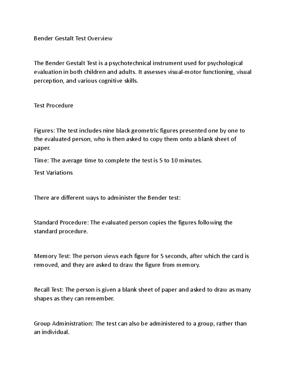 BGT II: Overview and Sample Report on Bender Gestalt Test - Studocu
