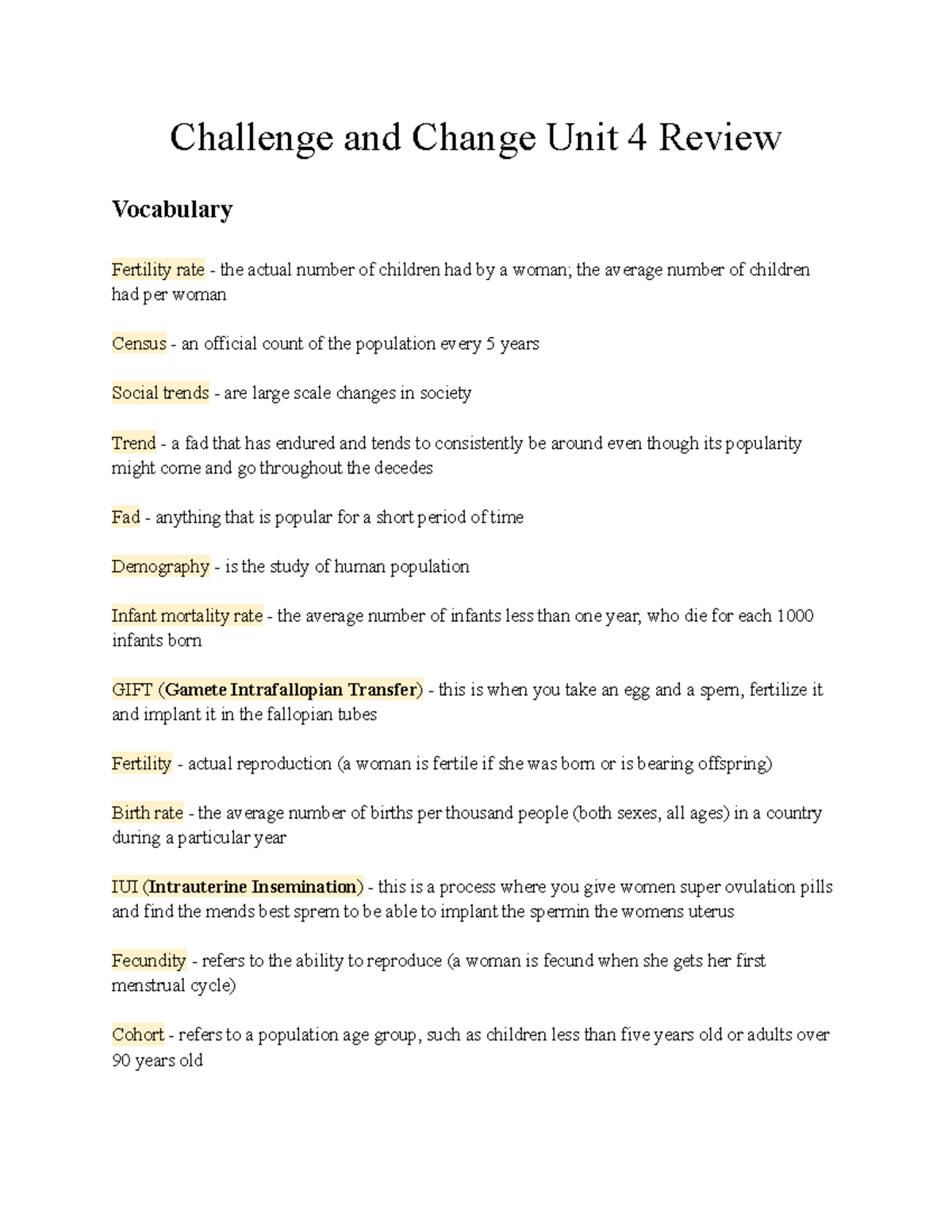 Challenge and Change Unit 4 Review: Demography and Trends - Studocu