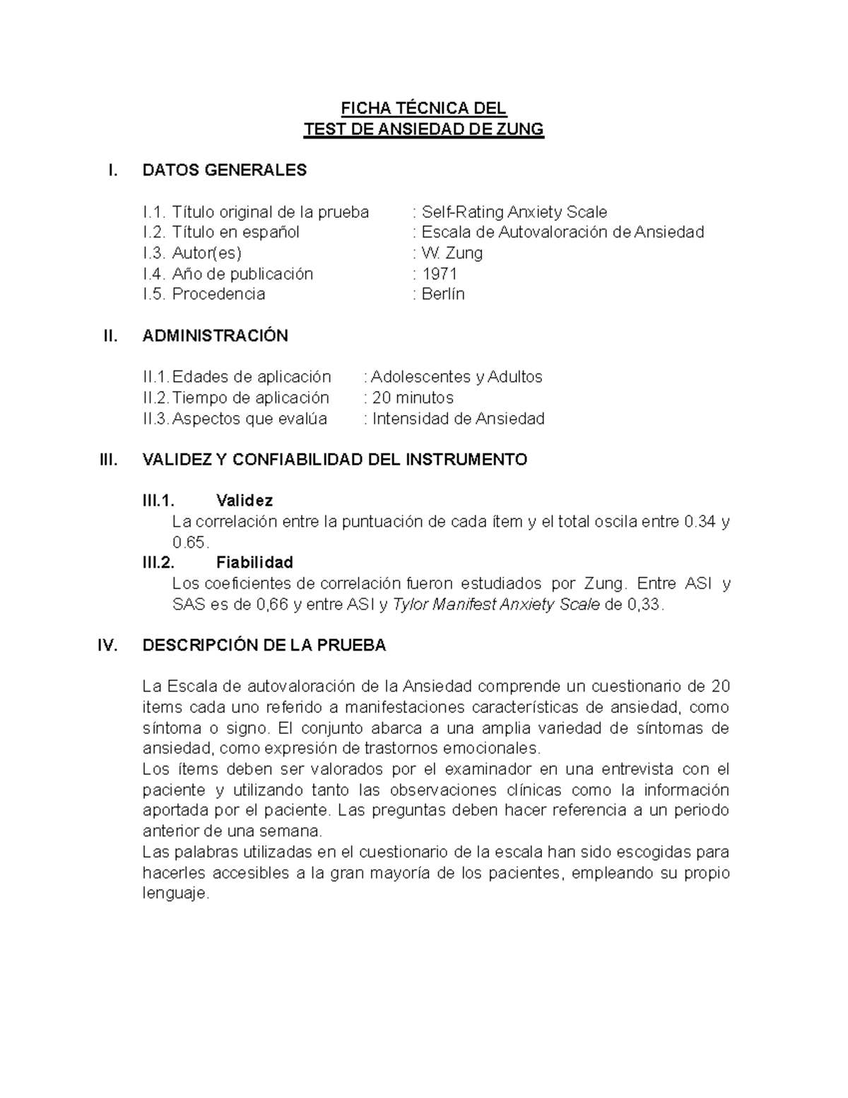 Ficha Técnica del Test de Ansiedad de Zung - Guia Completa - Studocu
