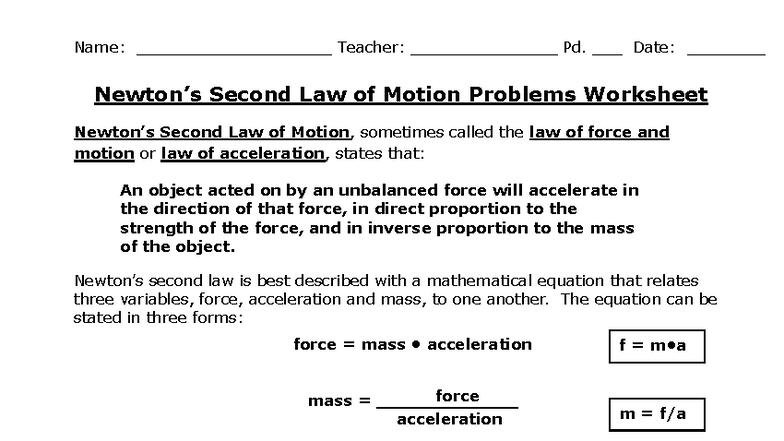 Second Law of Motion Problems Worksheet (Physics 101) - Studocu