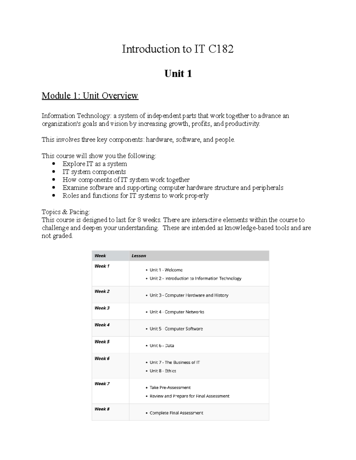 Introduction to IT C182: Key Concepts and System Overview - Studocu