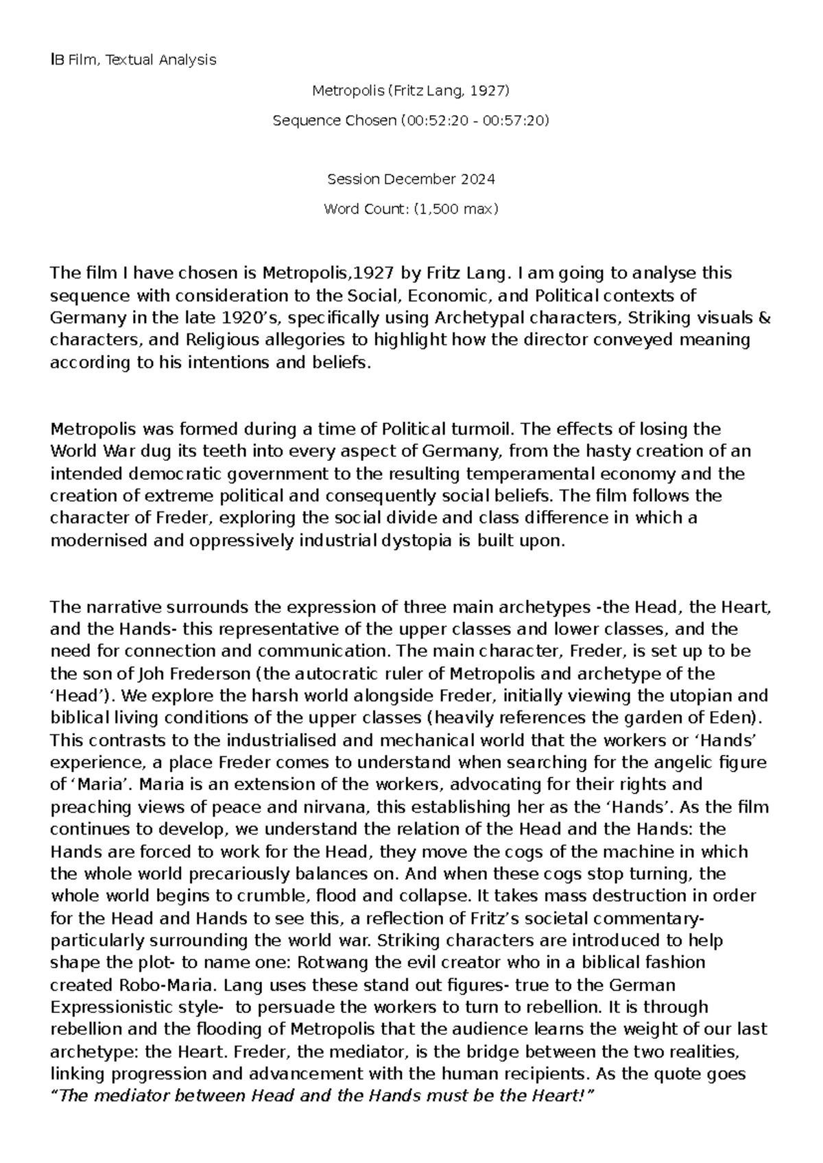 IB Film: Textual Analysis of Metropolis (Fritz Lang, 1927) Sequence - Studocu