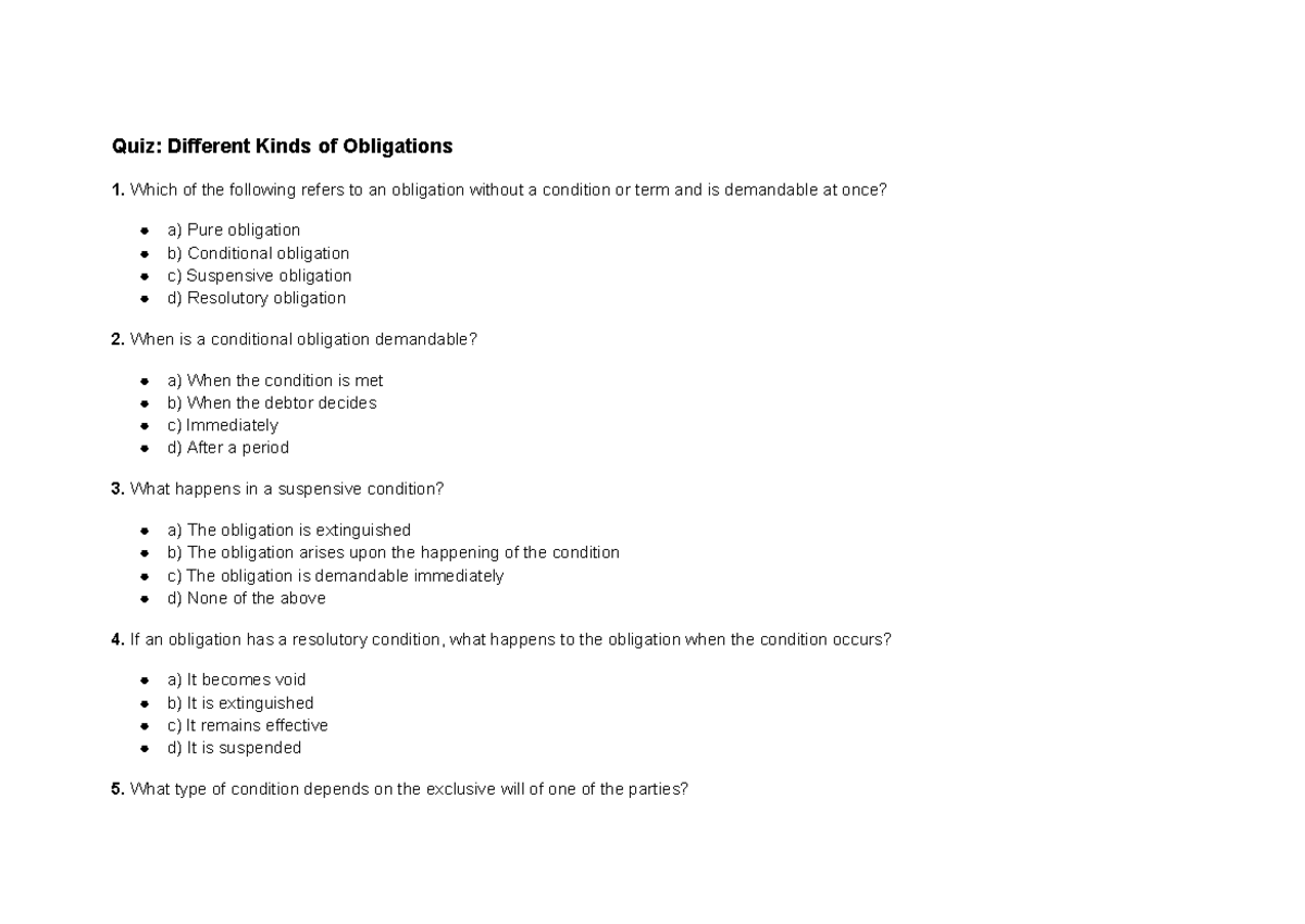 Quiz on Different Types of Obligations (LAW101) - Studocu