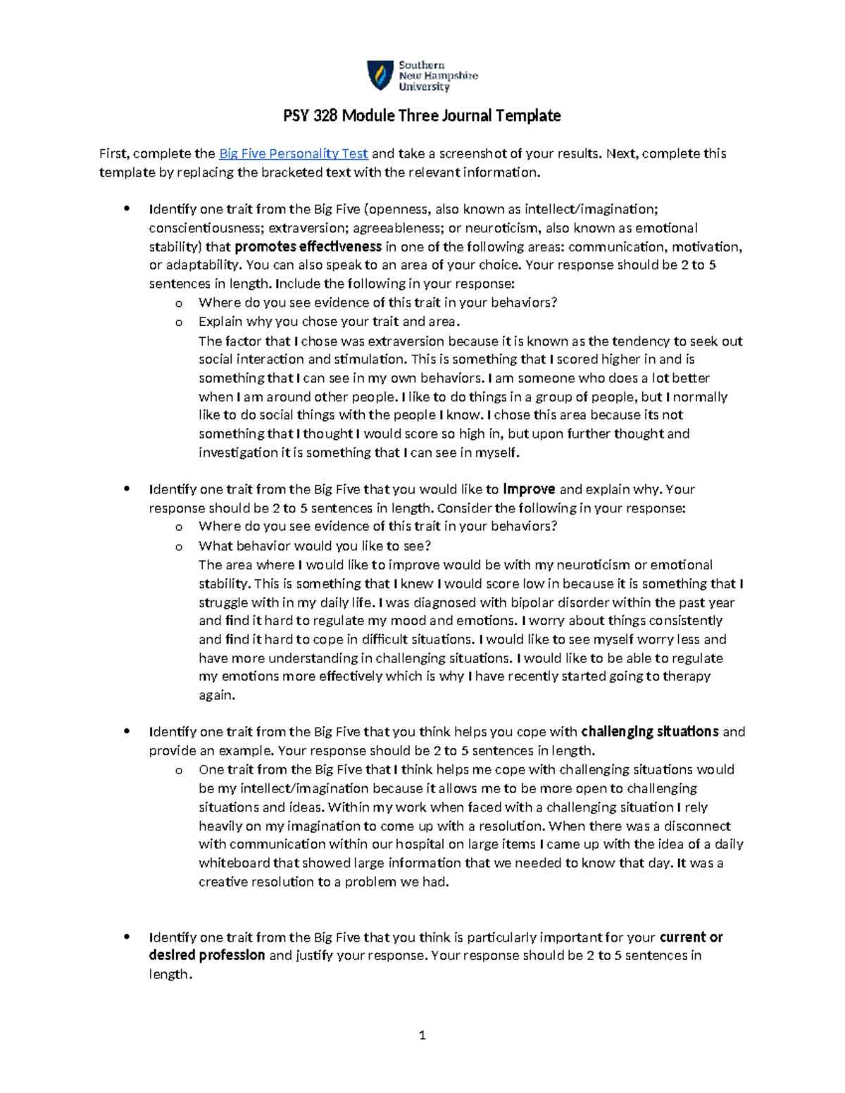 PSY 328 Big Five Personality Test Reflection Journal - Studocu