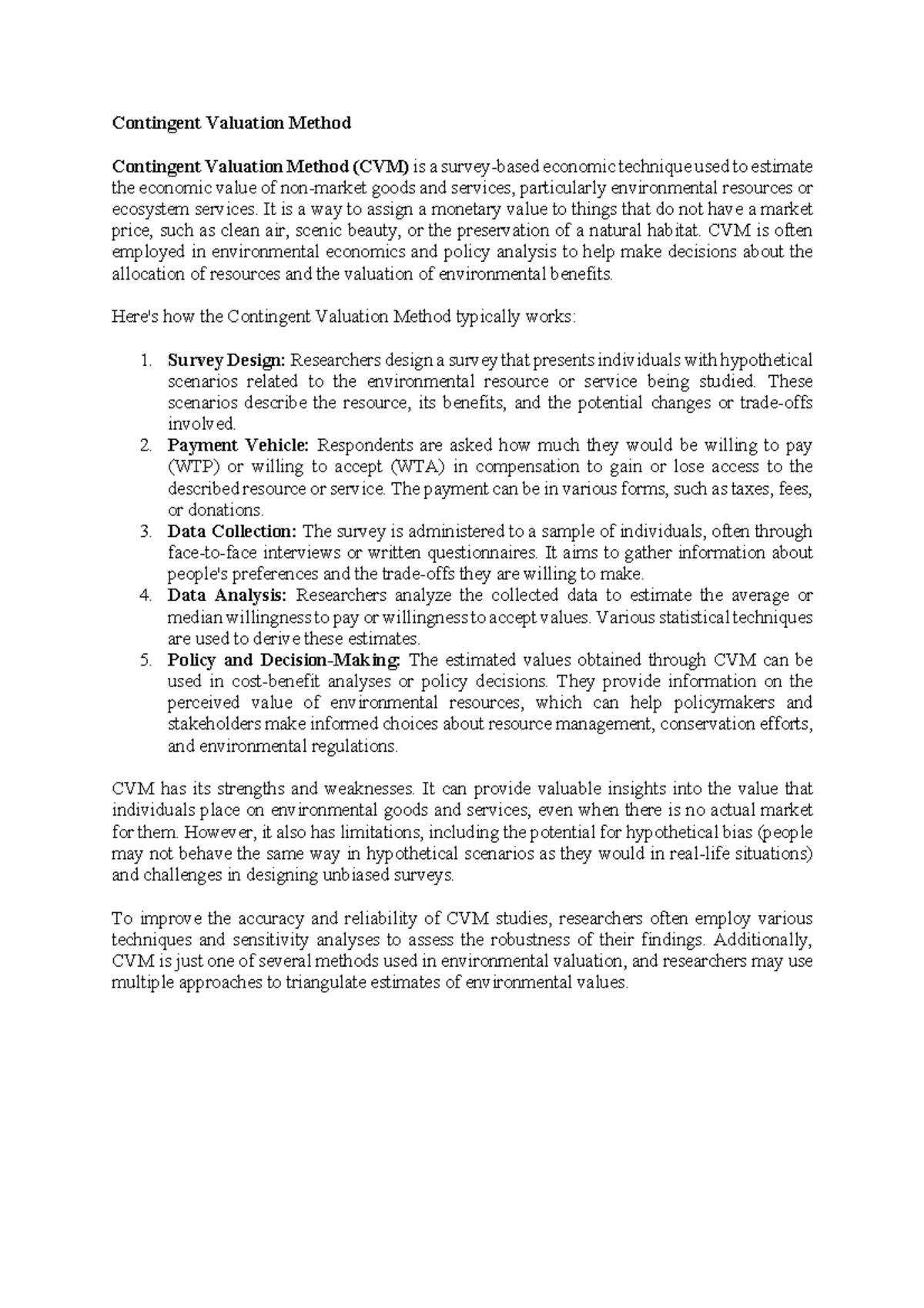 CVM Techniques for Environmental Valuation in Economics - Studeersnel