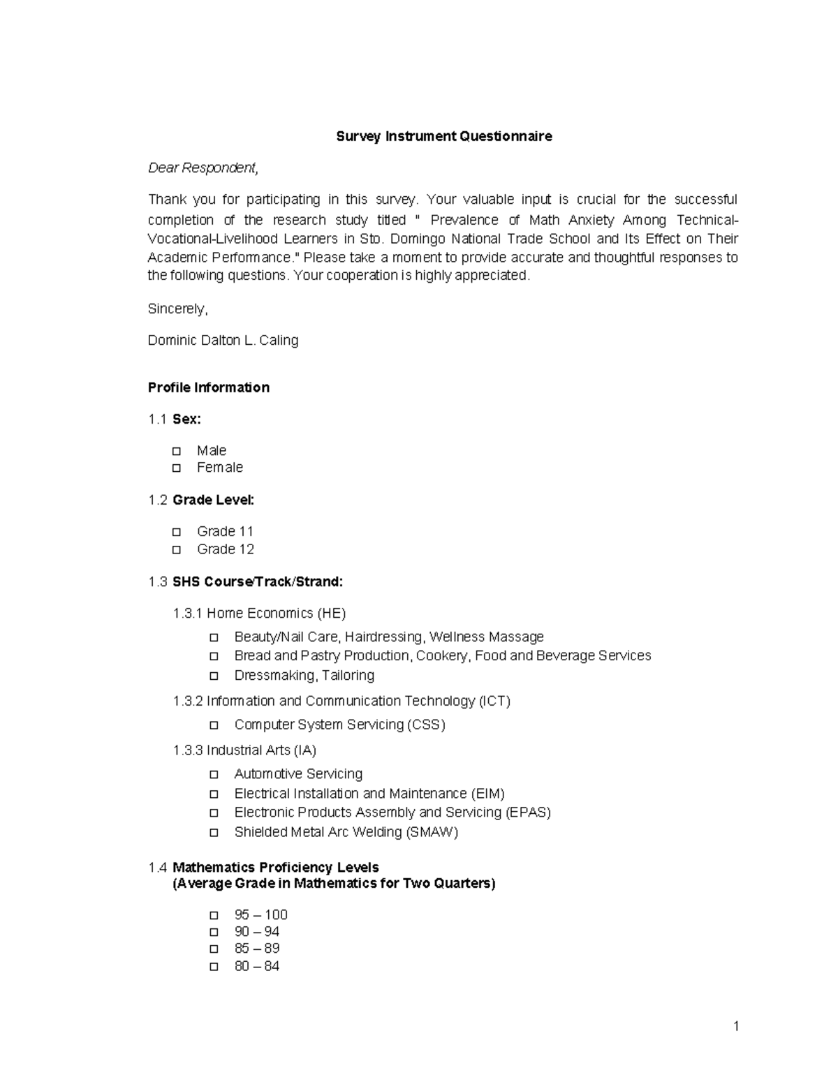 Survey Questionnaire Template for Math Anxiety Among TVL Learners - Studocu