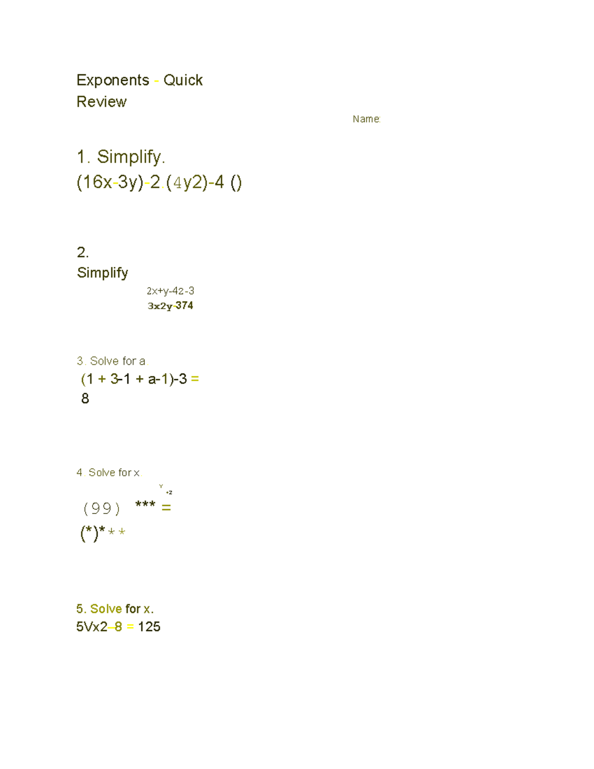 Exponents Extra Review Worksheet (Math 101) - Studocu