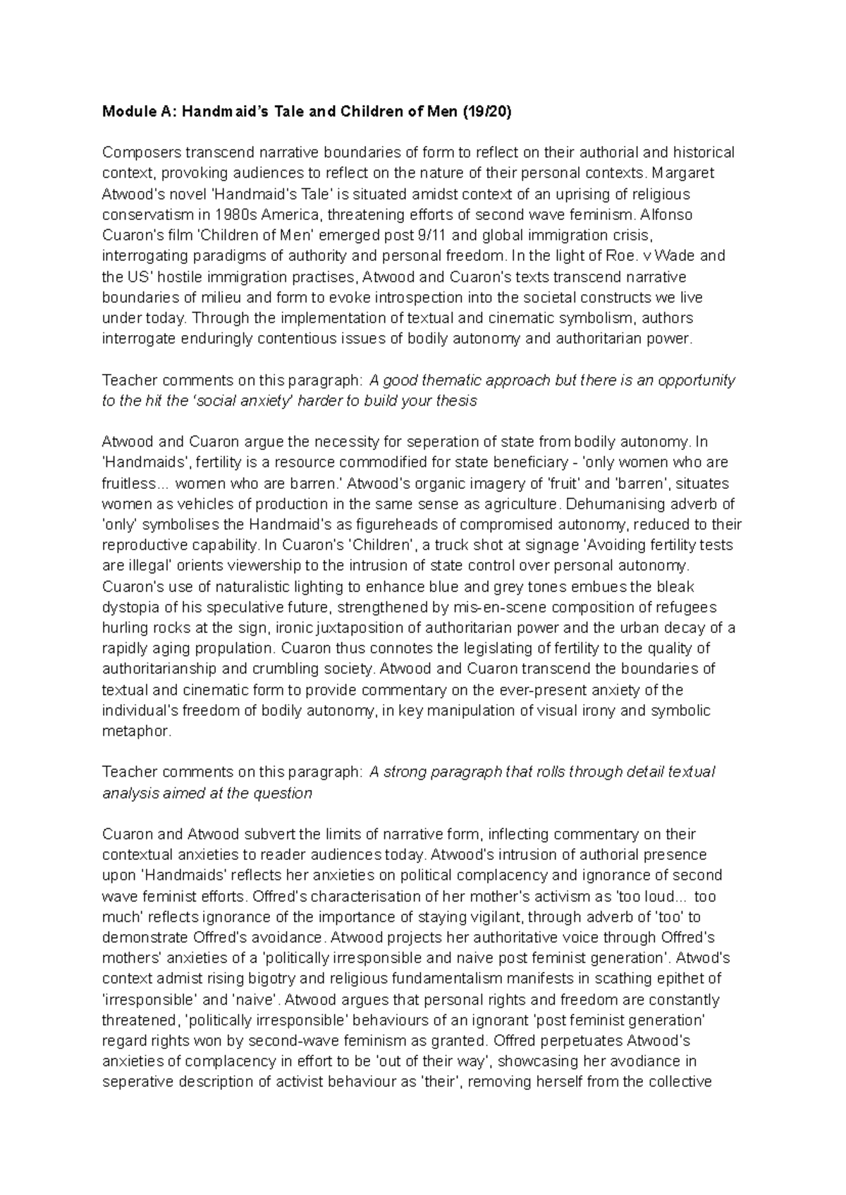 Preliminary Module B & C Essays: Othello, Handmaid's Tale & Children of ...