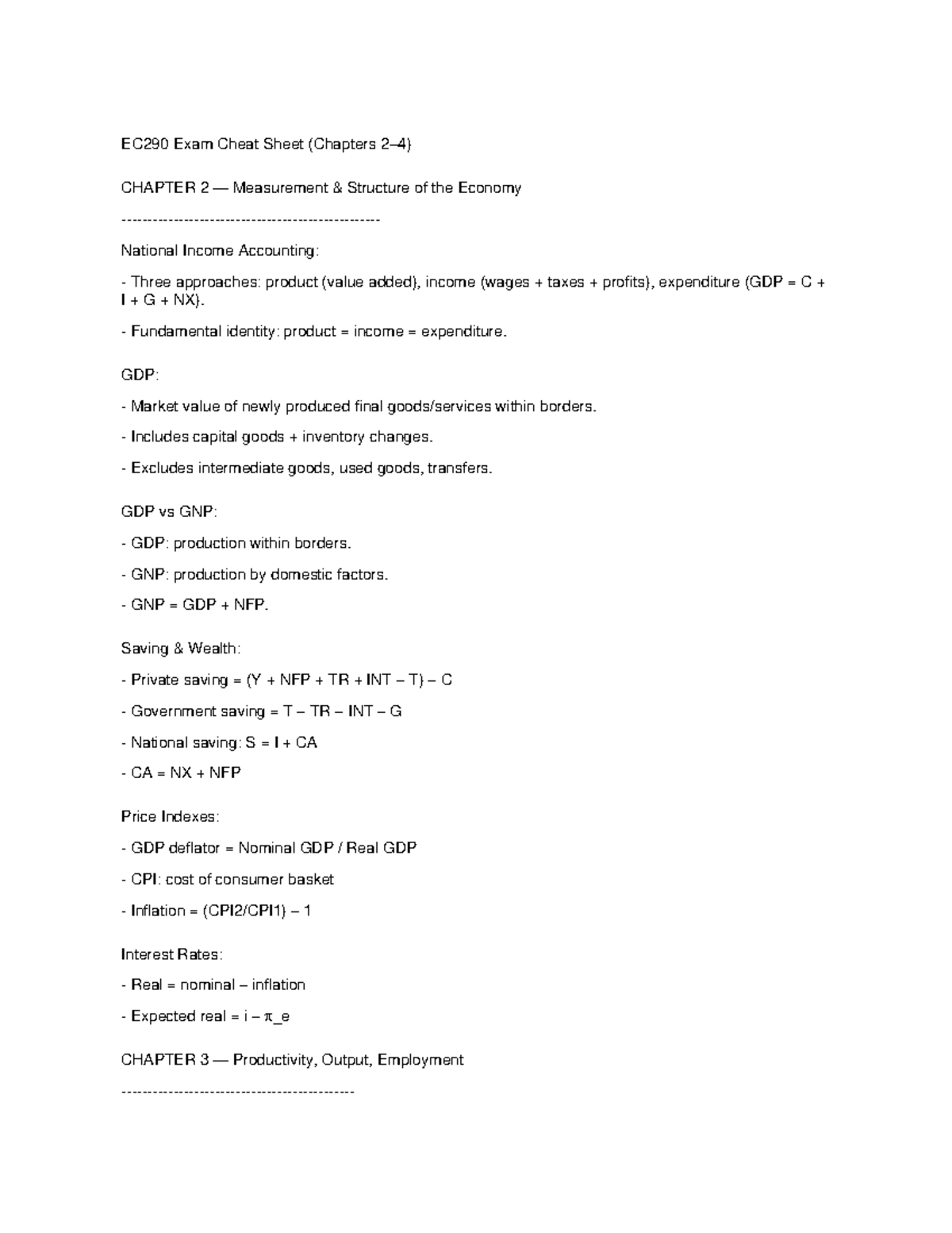 EC290 Final Exam Cheat Sheet: Key Concepts from Chapters 2-4 - Studocu