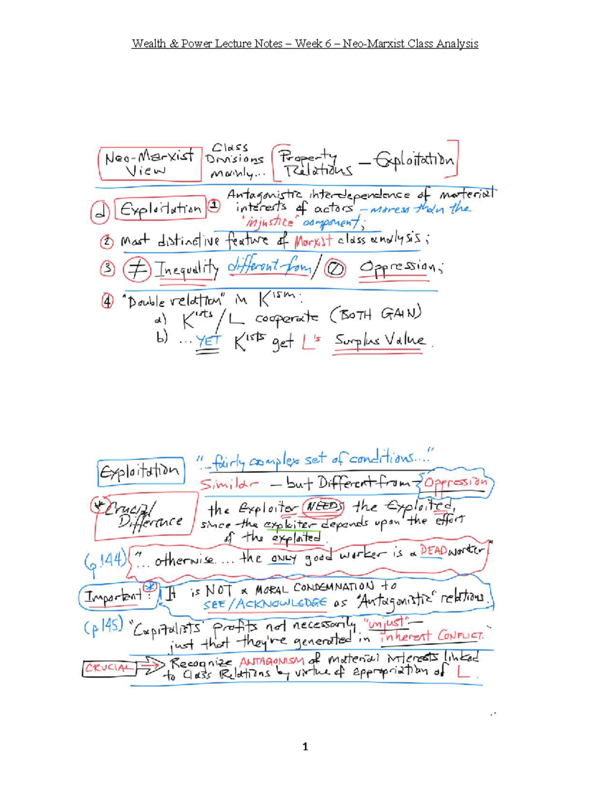 Wealth & Power Lecture Notes - Week 6: Neo-Marxist Class Analysis - SOC ...