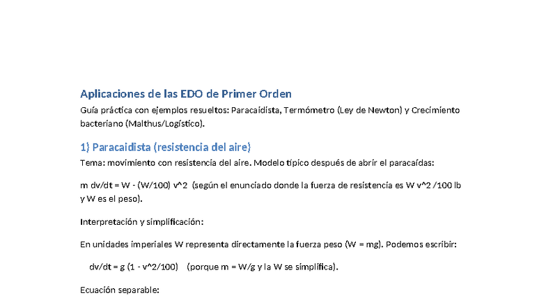 Aplicaciones de EDO de Primer Orden: Guía Práctica y Ejemplos - Studocu