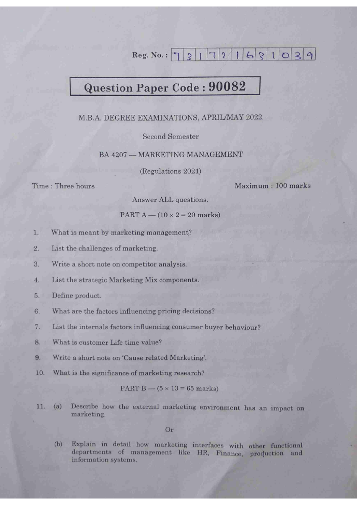 Marketing Management Question Papers - Reg. No. : 731721631039 Question ...