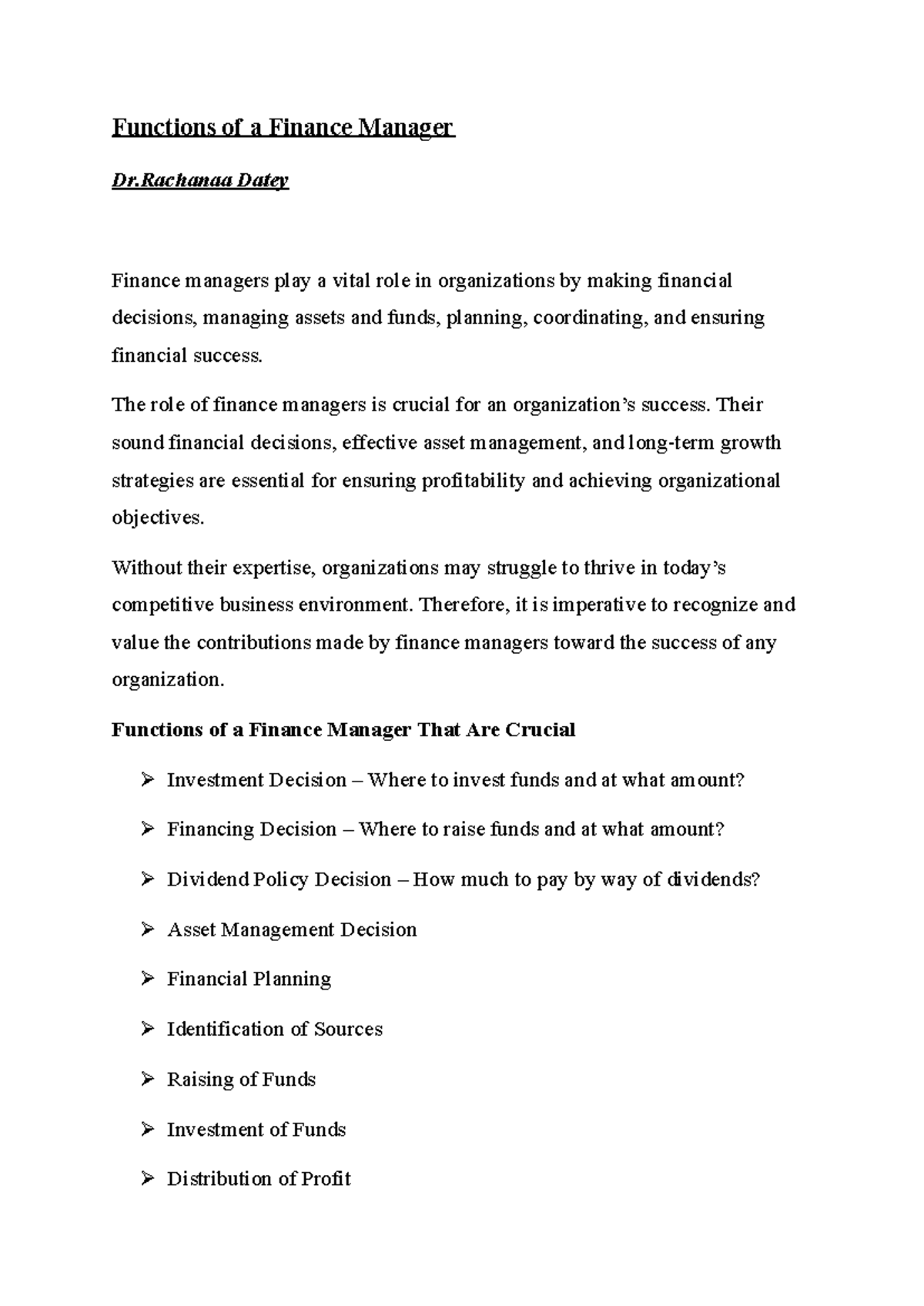 Functions of Finance Manager - Functions of a Finance Manager Dr Datey ...