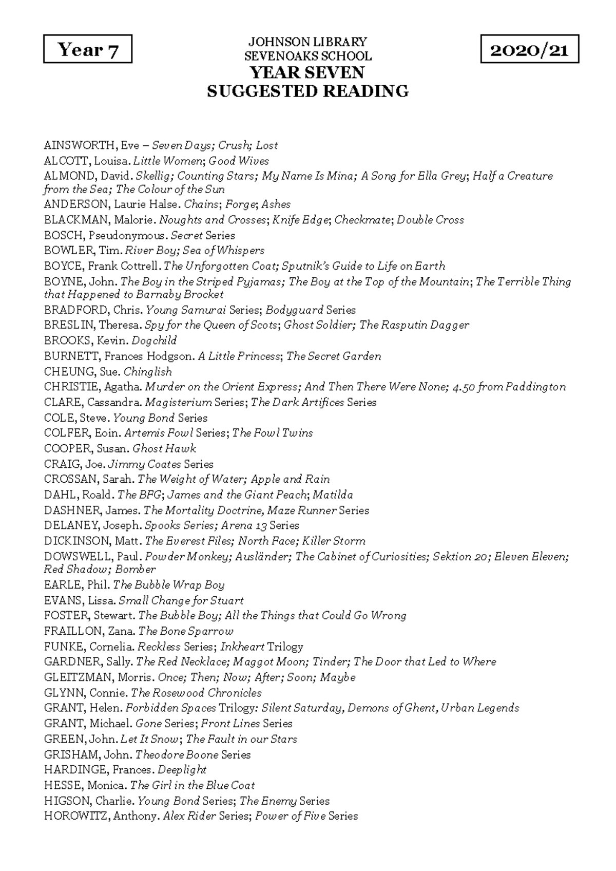 Year 7 Suggested Reading List for 2020-21 at Sevenoaks School - Studocu