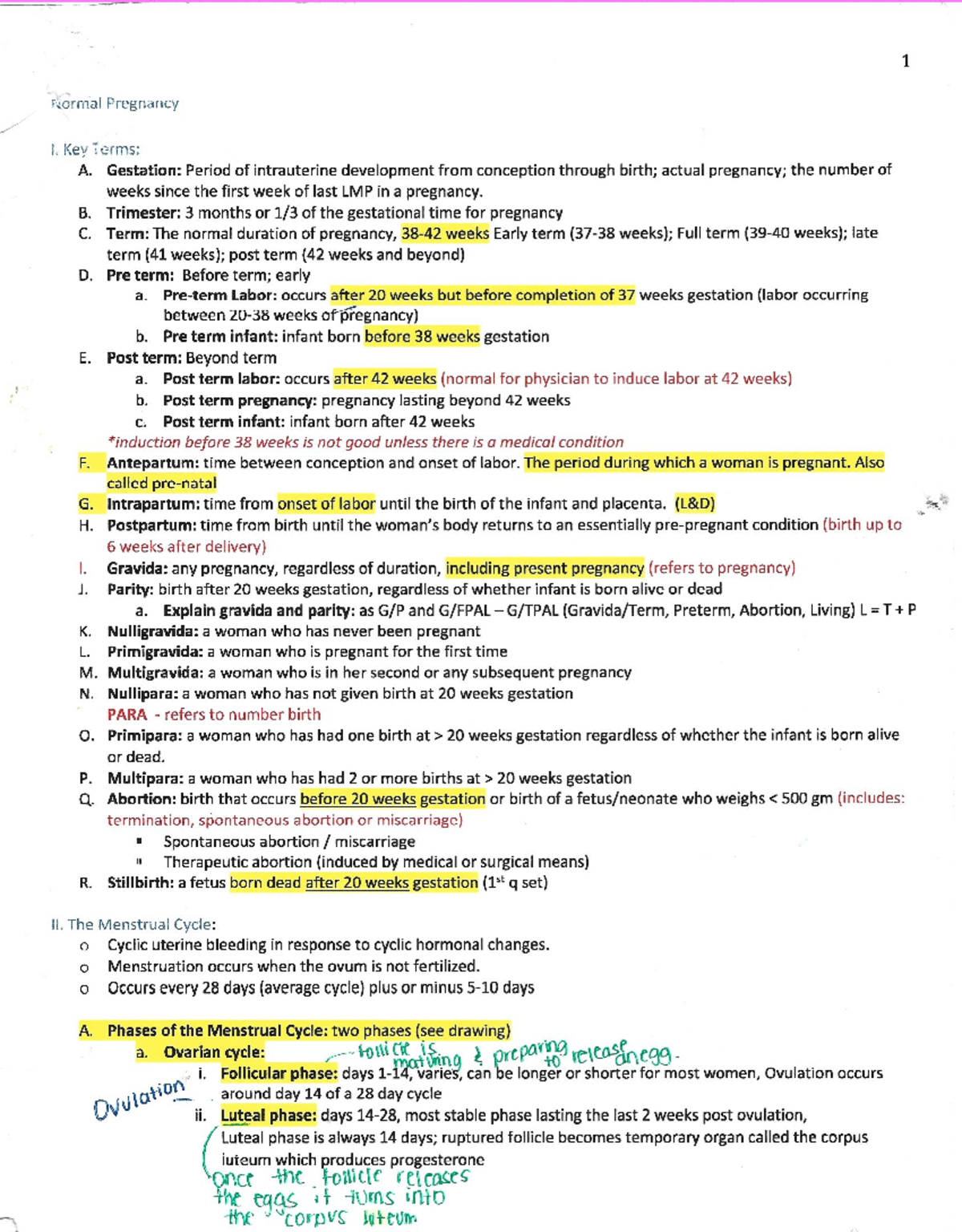 Exam 1 Outline OB - notes - 1 Normal Pregnancy 1. Key Terms: A ...