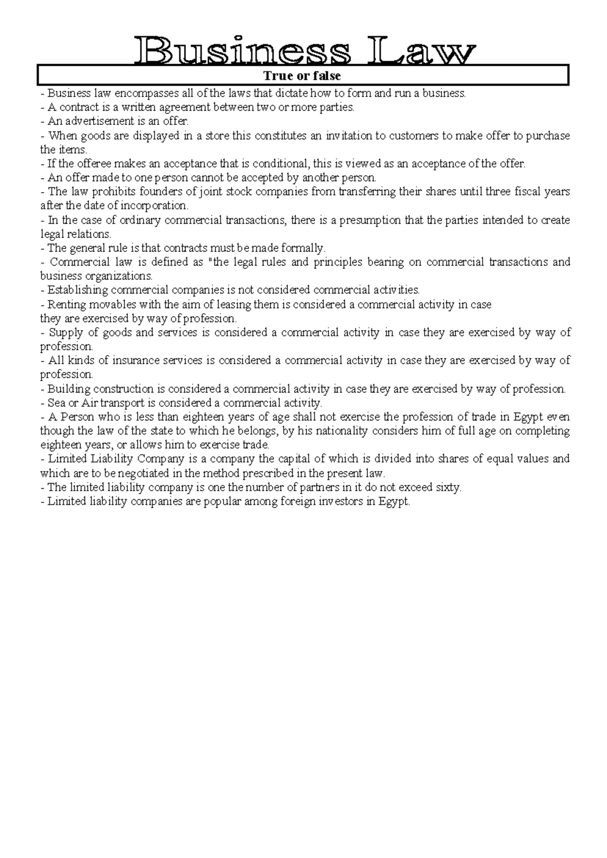 Entrepreneurship ميد ترم: Business Law True or False Statements - Studocu