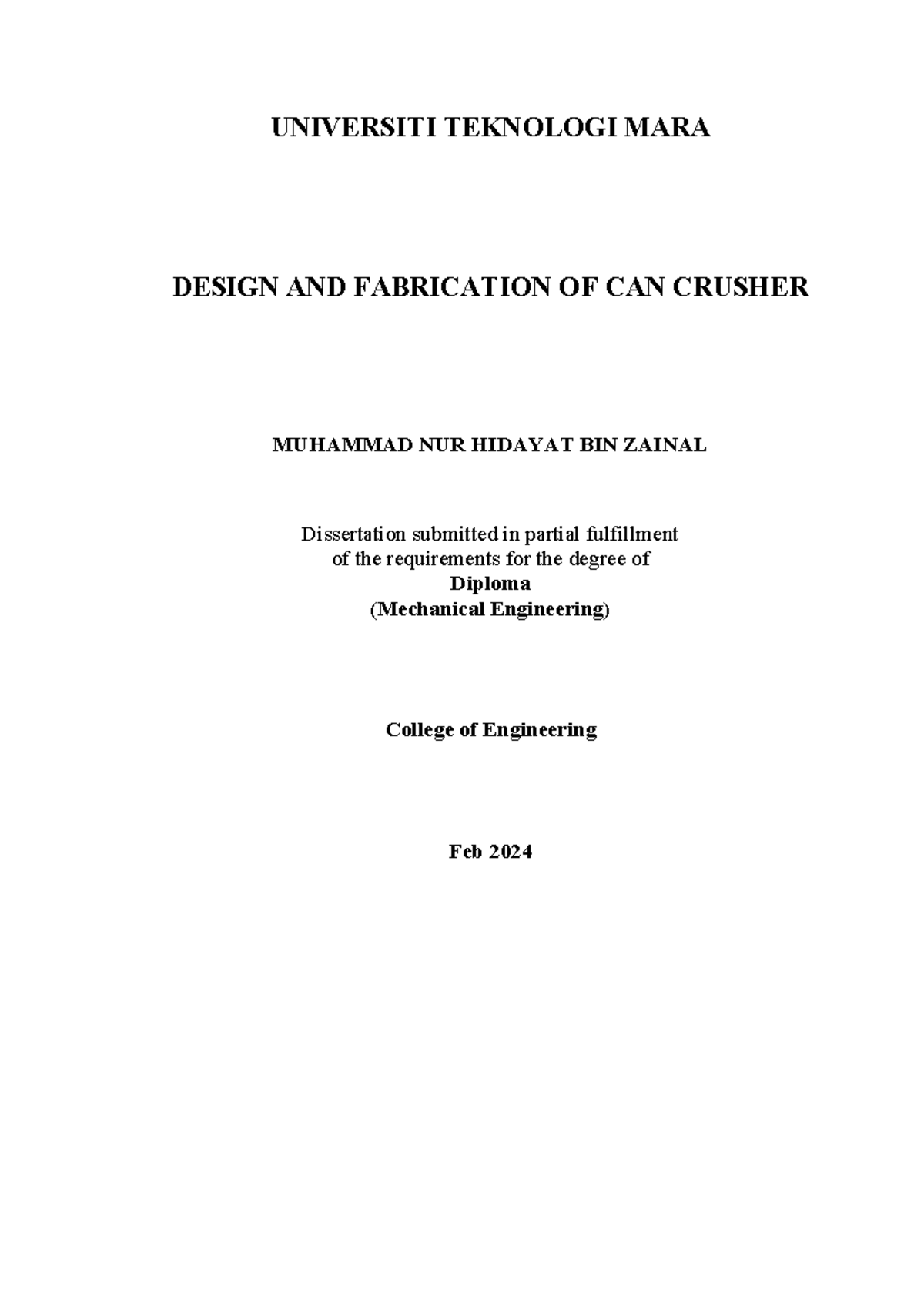 UTM ME 2024 Final Year Project: Design & Fabrication of Can Crusher ...