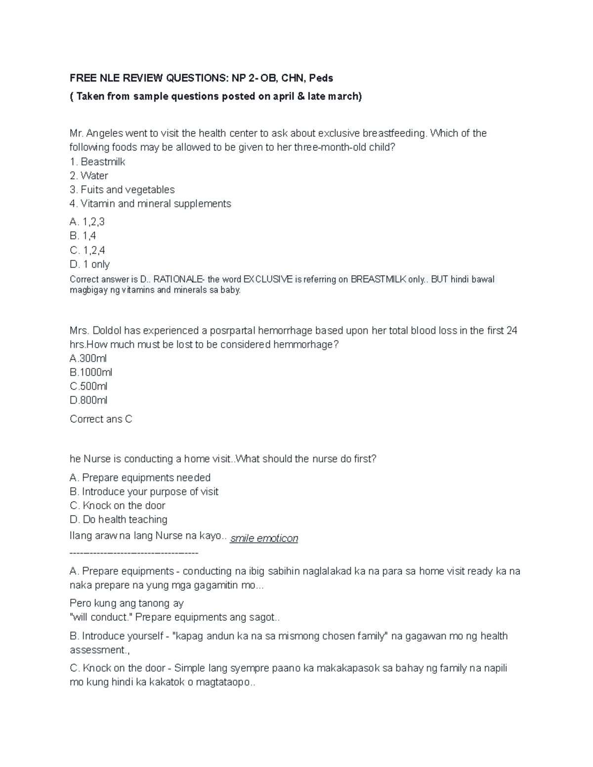 NP2 OB Free NLE Sample Test Questions & Rationales - Studocu
