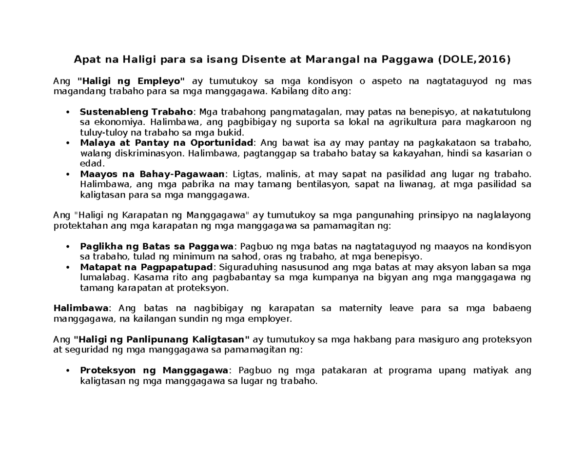 Apat na Haligi sa Pagsusulong ng Karapatan ng Manggagawa (DOLE, 2016 ...