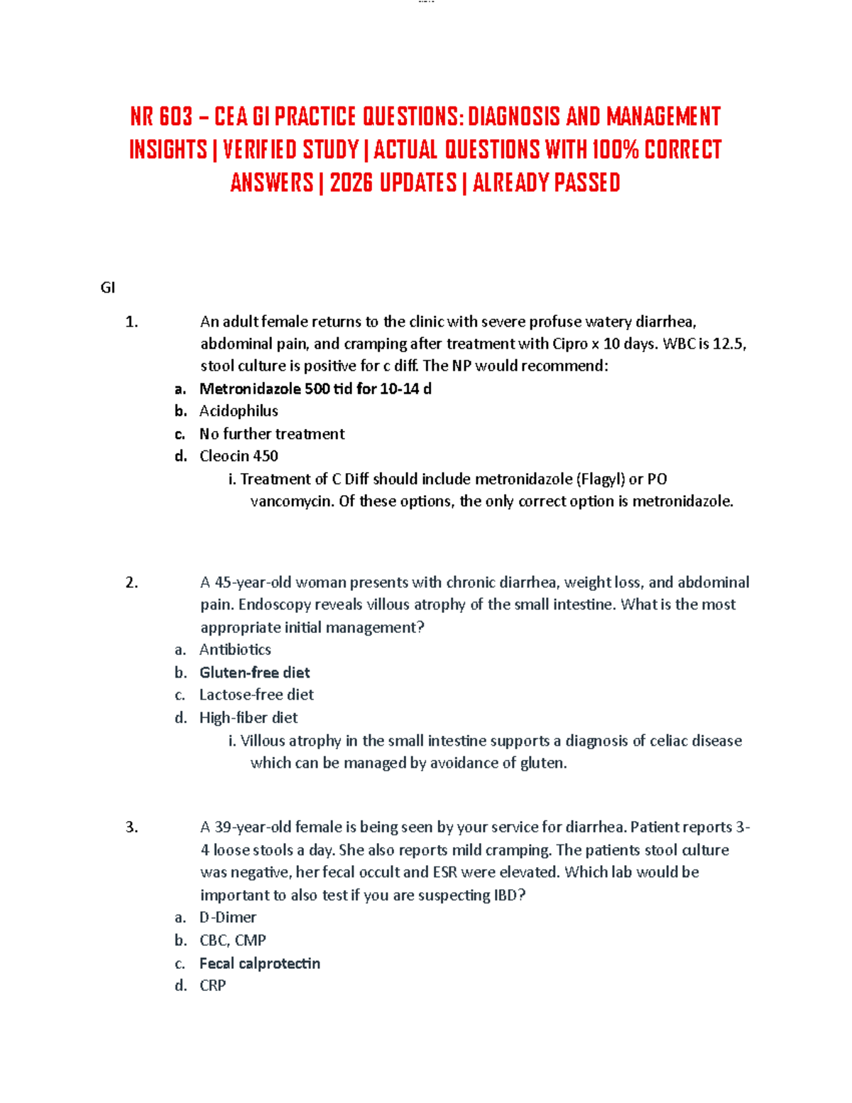 NR 603 CEA GI Practice Questions: Diagnosis & Management Insights - Studocu