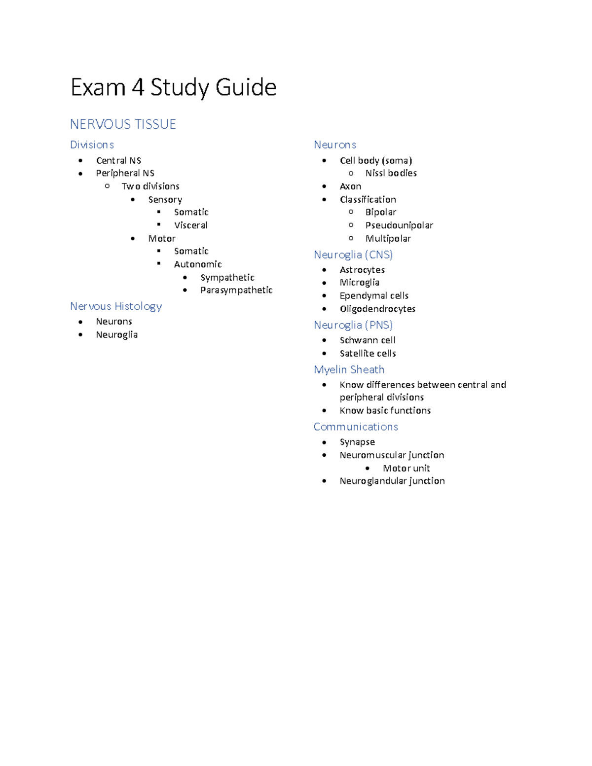 Exam 4 Study Guide: Nervous Tissue & Sensory Systems (Spring 2022 ...