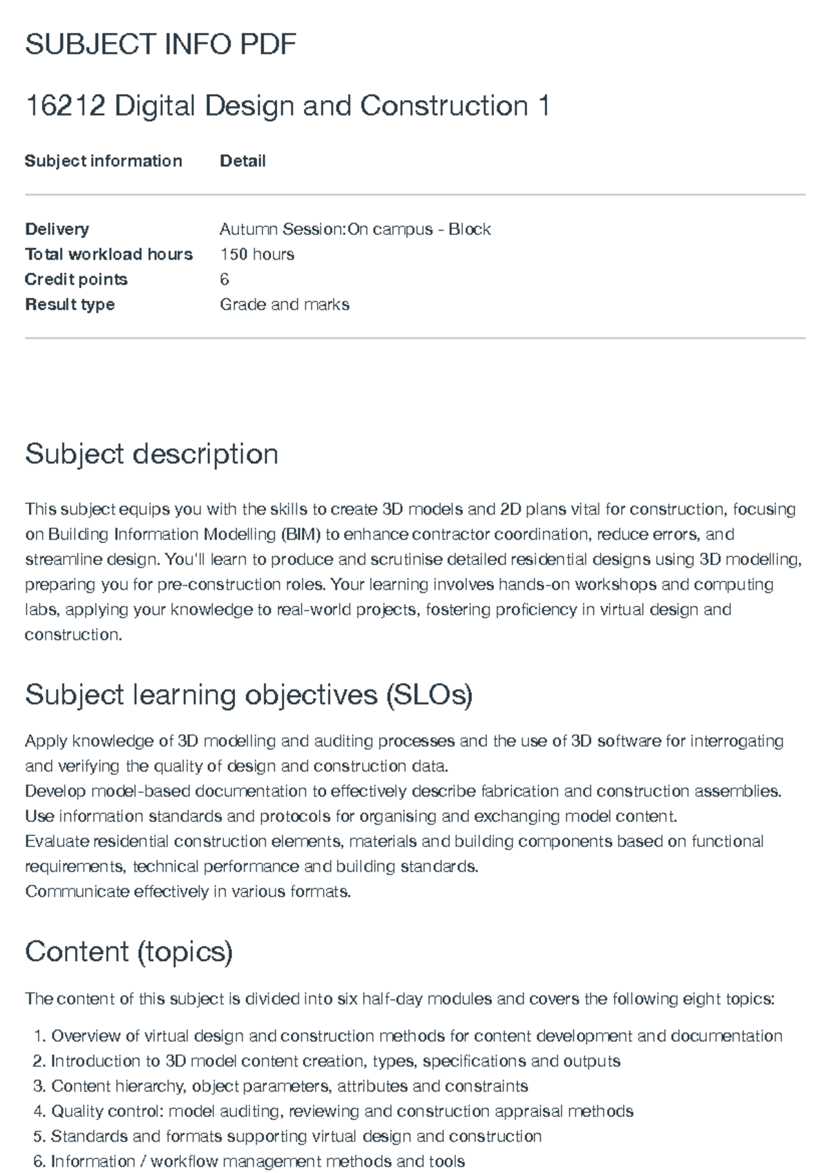 Digital Design and Construction 1 (SUBJECT INFO PDF 16212) Overview ...