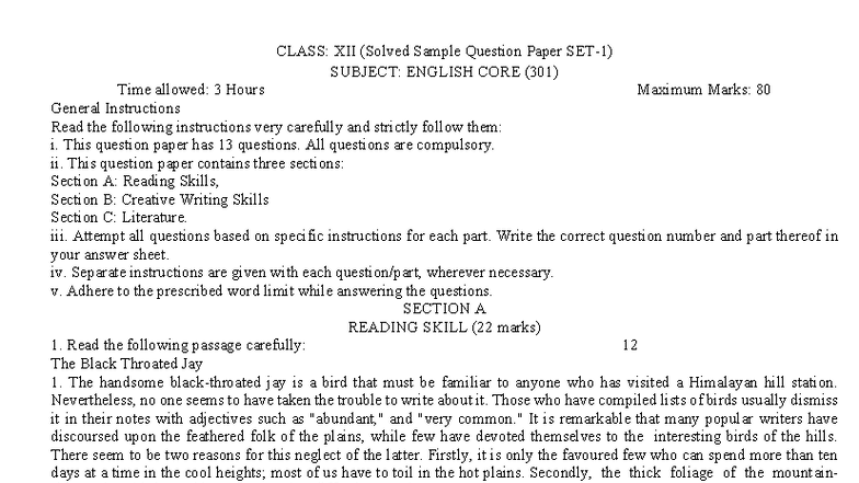 Solved Sample Question Paper: Class XII English Core (301) 2025-26 ...