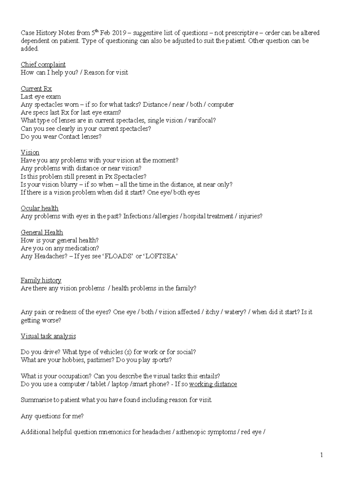 Case History Notes & Questions for Patient Assessment (Feb 2018) - Studocu