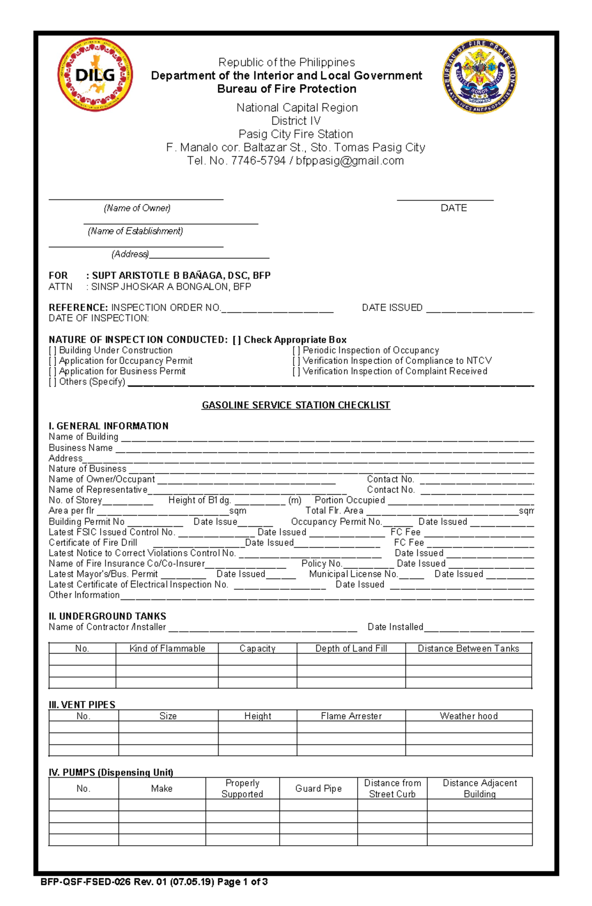 FSED 026 Gasoline Service Station Inspection Checklist Rev01 07/05/19 ...