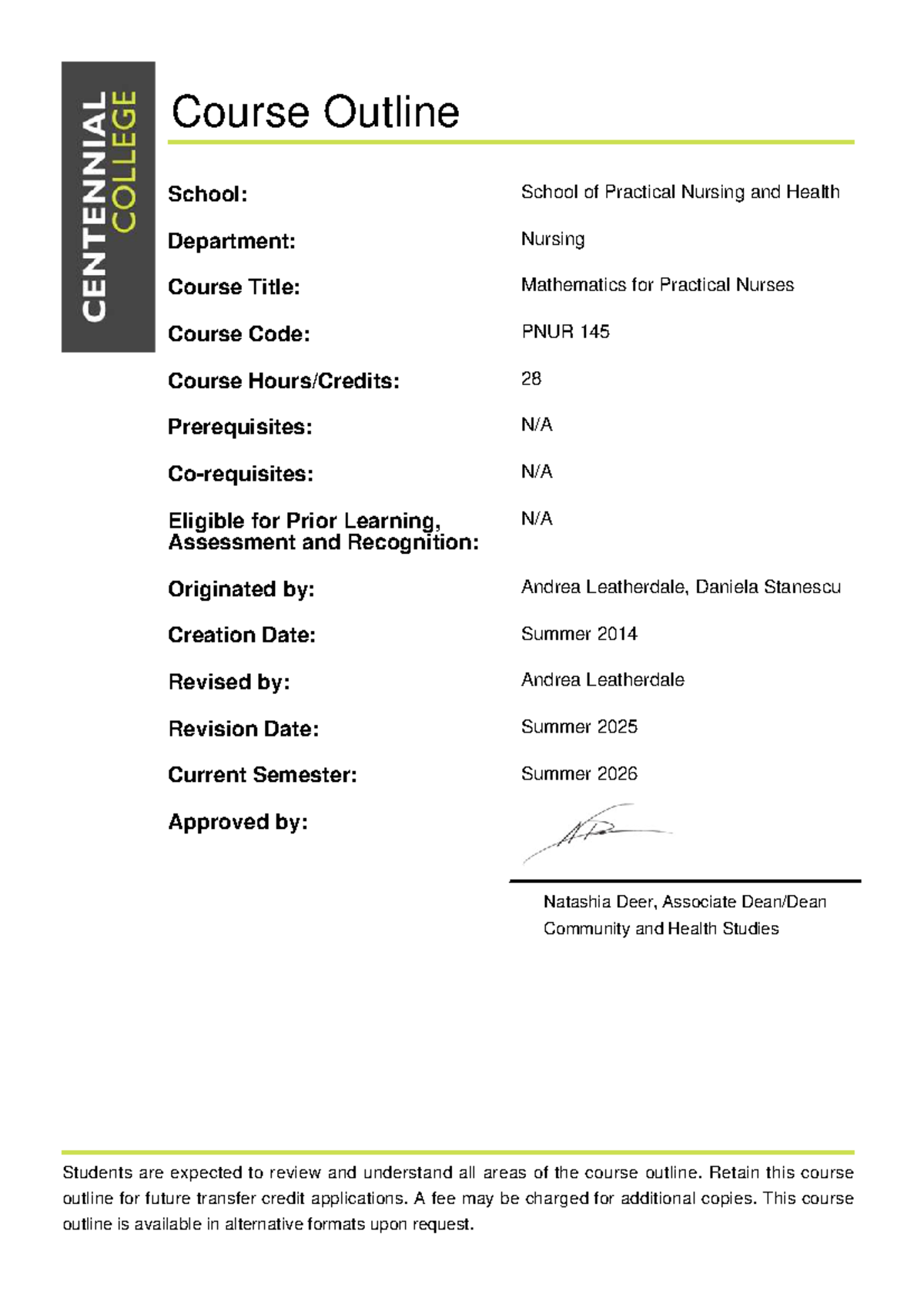 PNUR 145 Course Outline: Mathematics for Practical Nurses - Summer 2026 ...