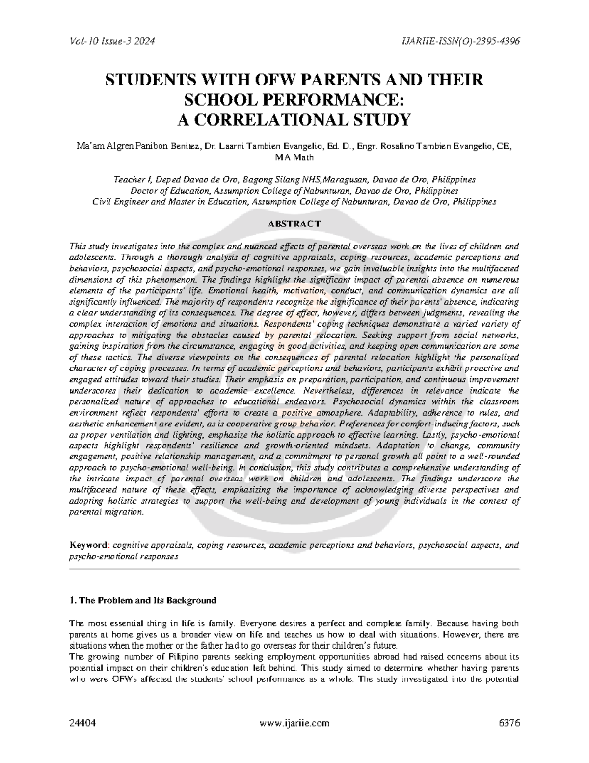 Correlational Study on School Performance of Students with OFW Parents ...