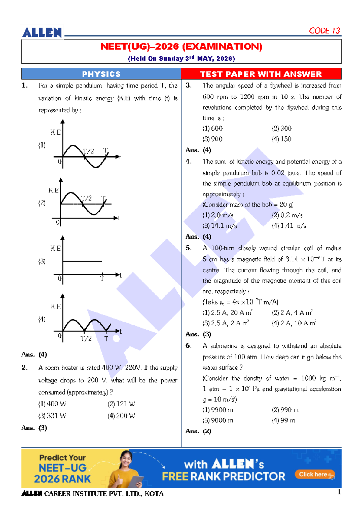 Original - NEET 2026 ANSWER KEYS - ALLEN NEET(UG)–2026 (EXAMINATION ...