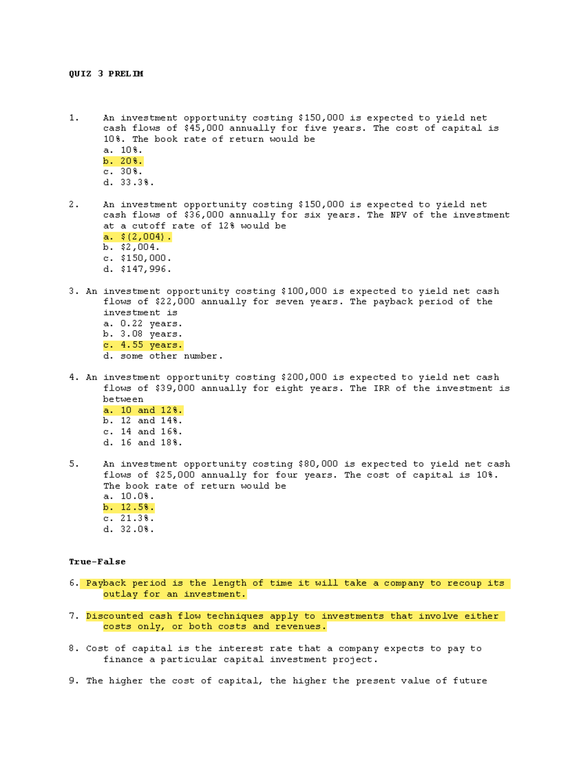 Capital Budgeting Quiz 3 - Test for Financial Decision Making - Studocu