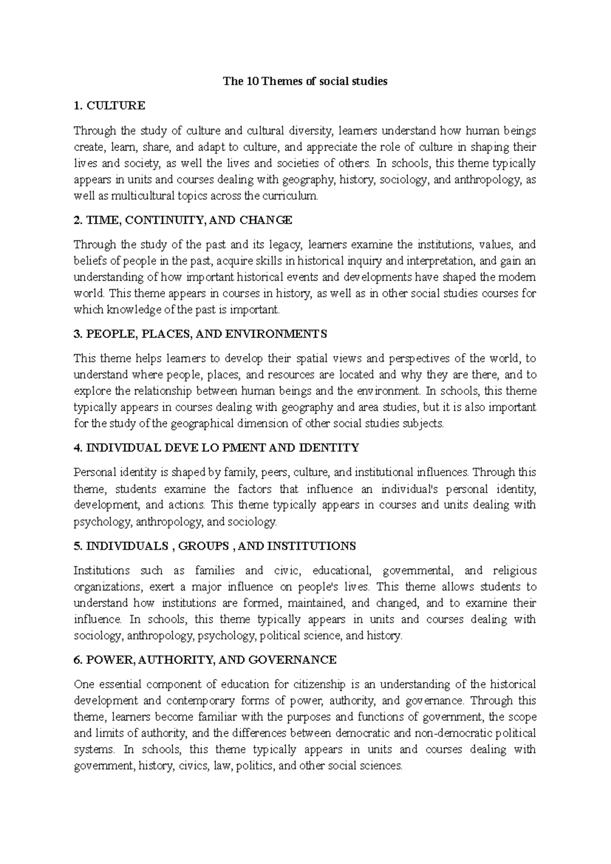 social studies - The 10 Themes of social studies CULTURE Through the ...