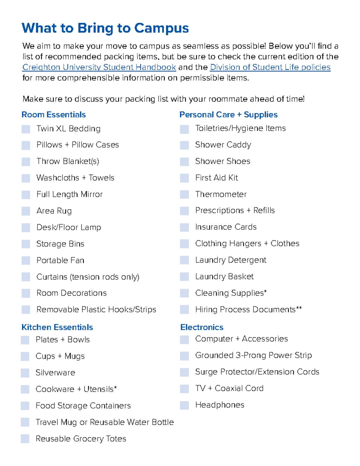 College Checklist: Essential Items for Campus Move-In - Studocu