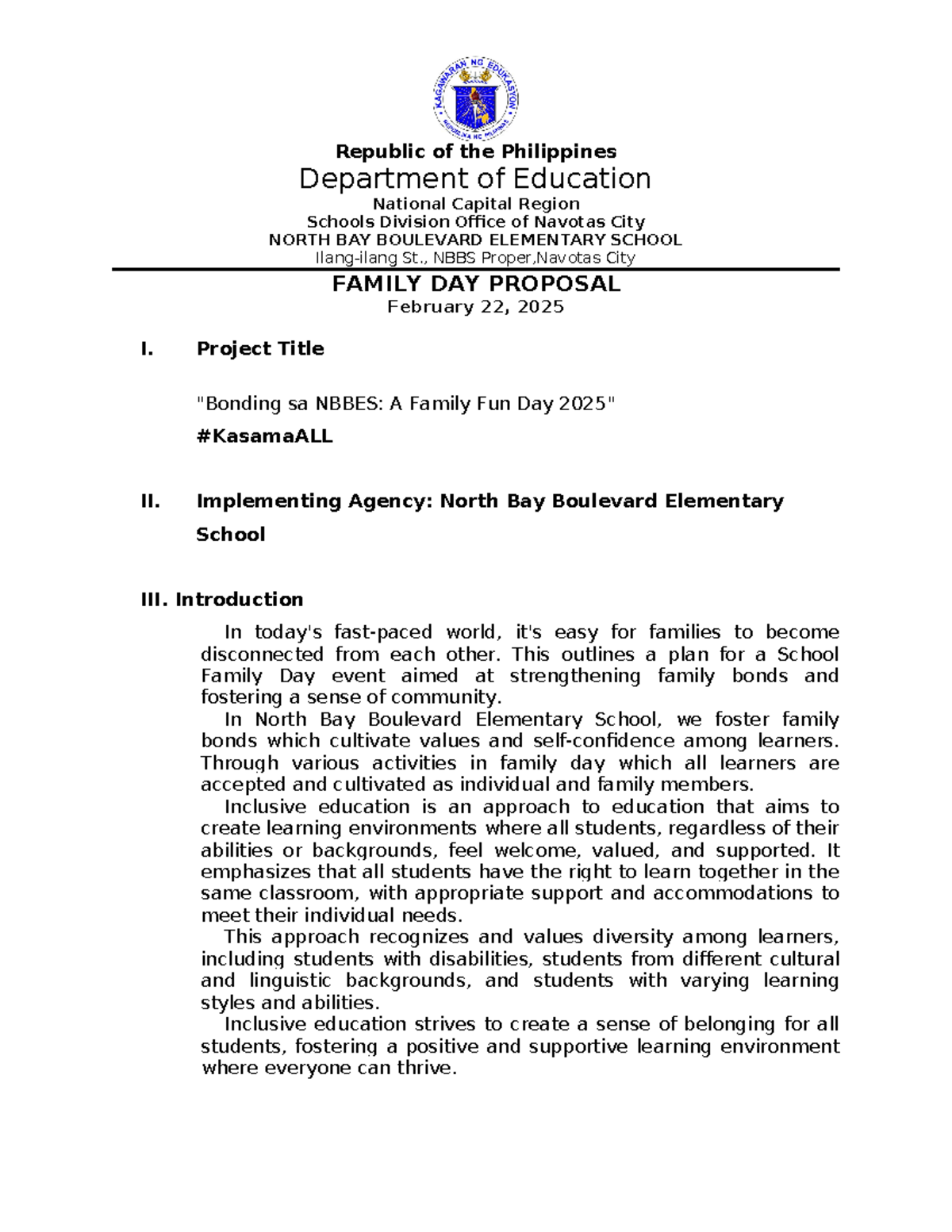 Family Day Proposal 2024-2025: Strengthening Bonds at NBBES - Studocu