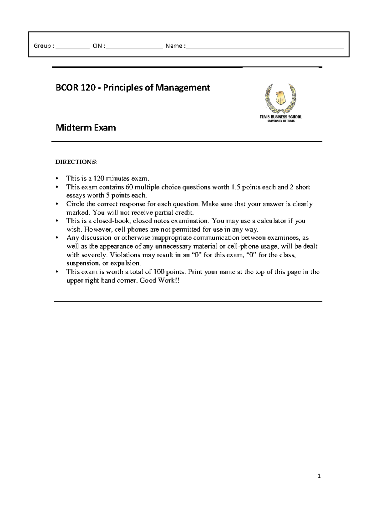 BCOR 120 - Midterm Exam Guide: Principles of Management Insights - Studocu