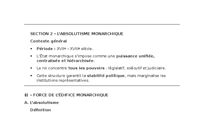 Fiche 2 - Introduction et Chapitre 1, Section 2 : La Monarchie Absolue ...