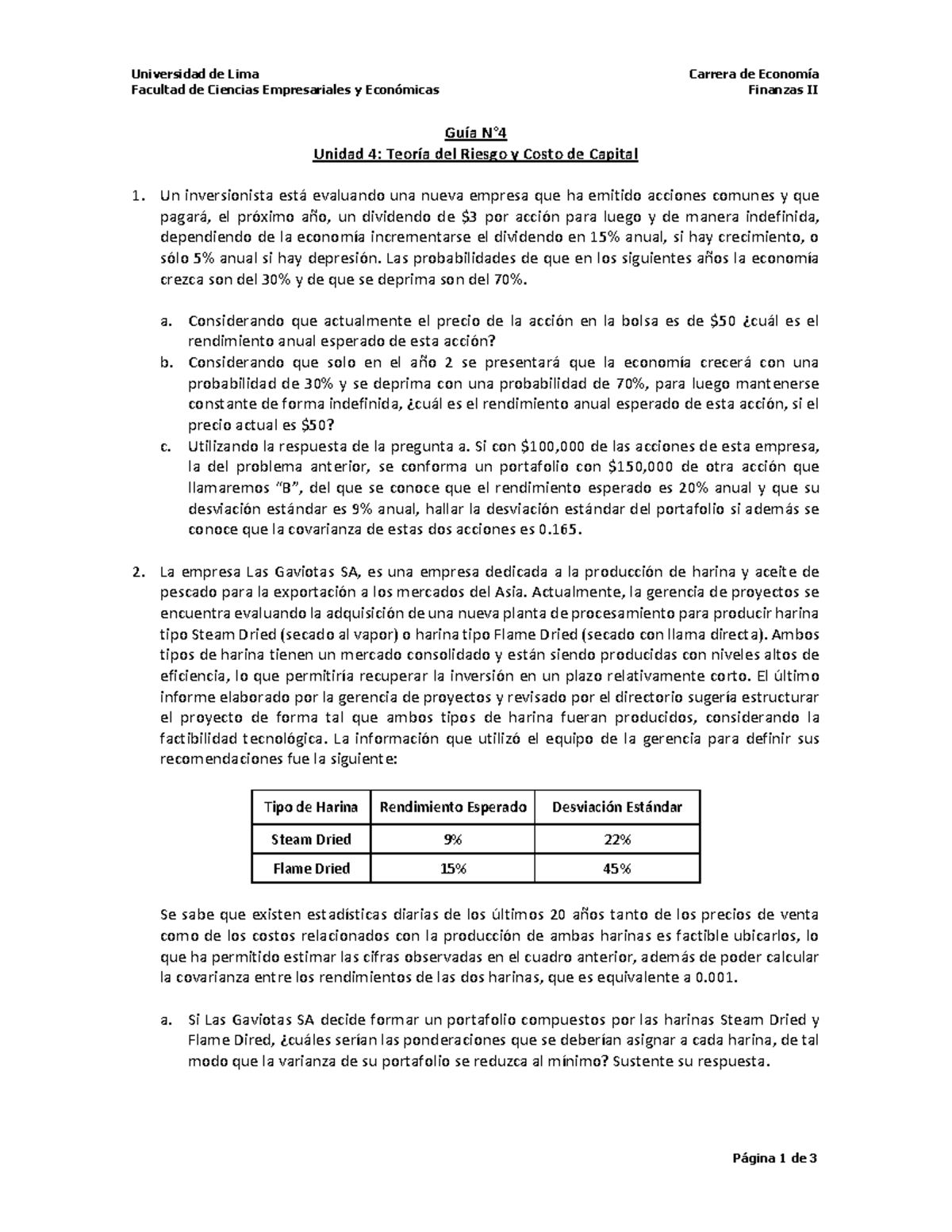 Guía Unidad 4: Teoría del Riesgo y Costo de Capital - Finanzas II - Studocu