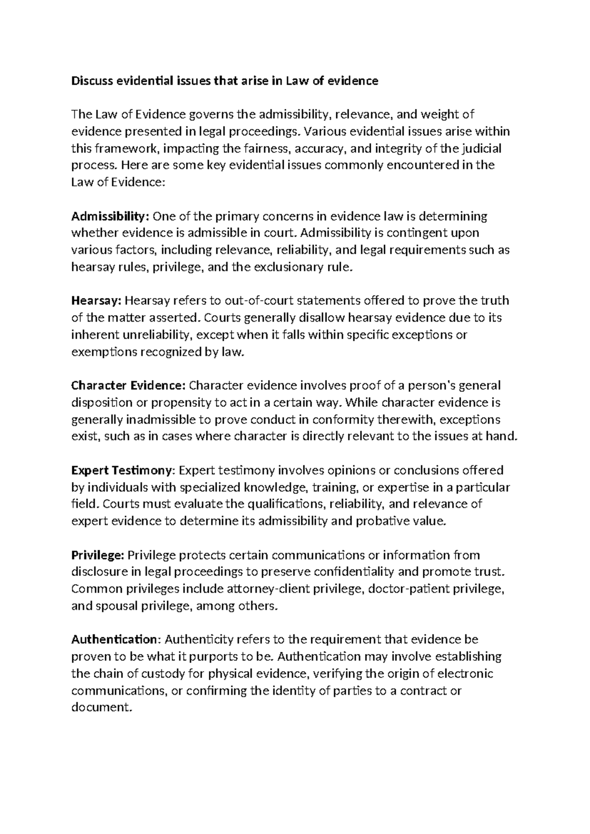 Evidential Issues in Law: Key Concepts & Legal Frameworks - Studocu