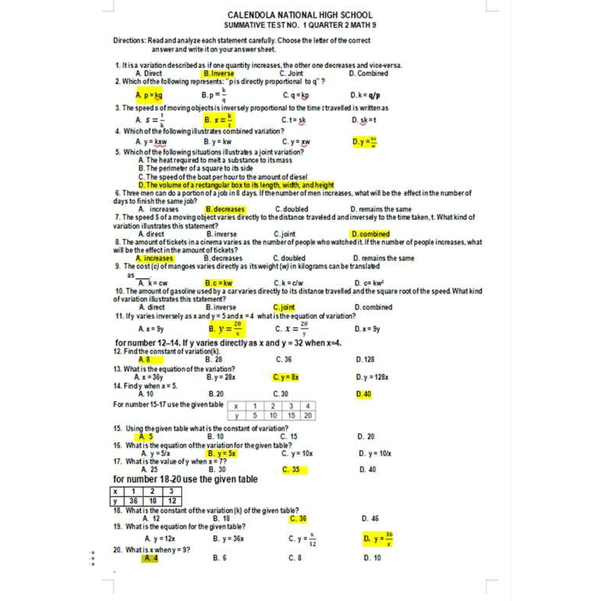 MATH 9 - Summative Test No. 1 & 2 Variations and Equations - Studocu