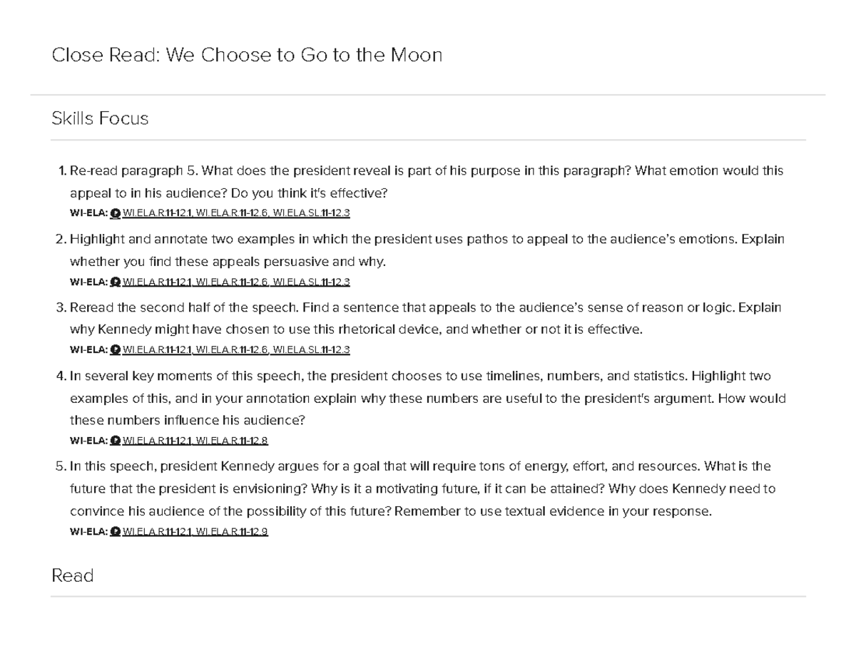 Close Reading Analysis of Kennedy's "We Choose to Go to the Moon" WI ...