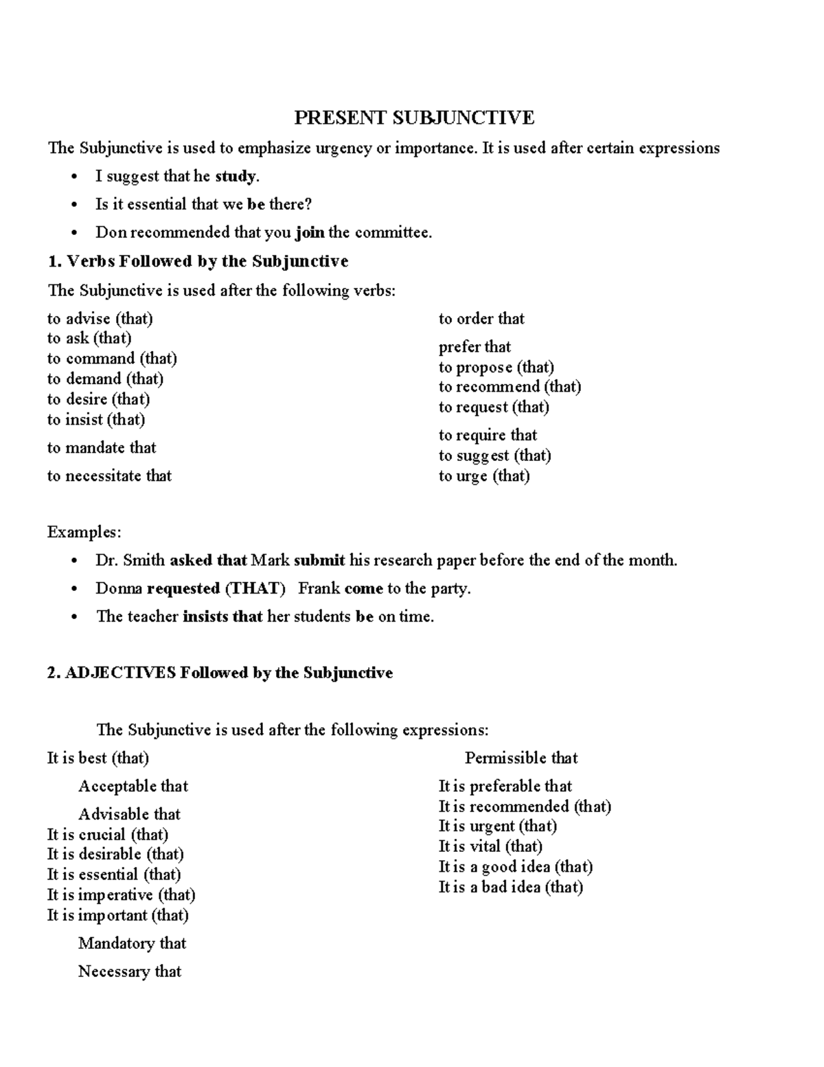 Present Subjunctive - anh văn - PRESENT SUBJUNCTIVE The Subjunctive is ...