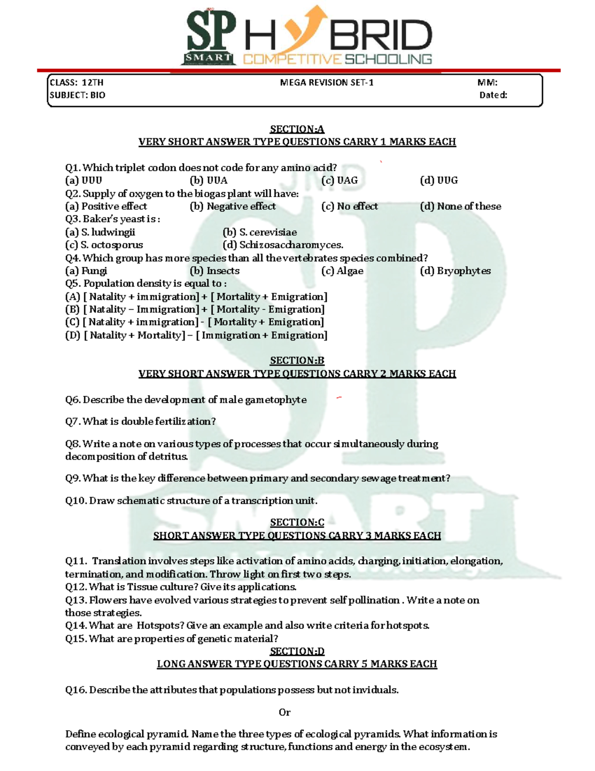 Biology MTP - 12th Class Mega Revision Notes - Studocu
