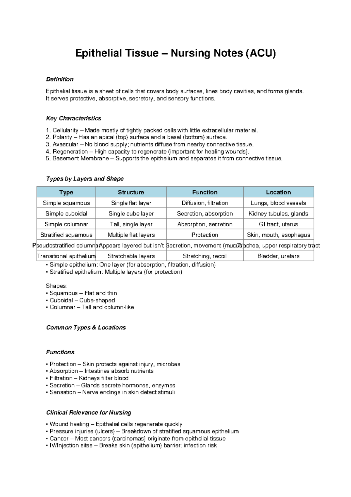 Epithelial Tissue Nursing Notes Acu Key Characteristics And Functions 2412