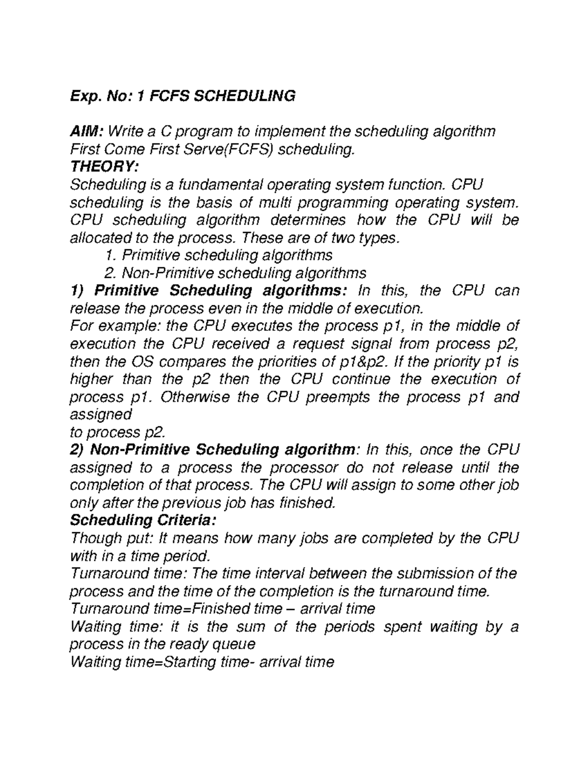 Exp 1 FCFS - ..... - Exp. No: 1 FCFS SCHEDULING AIM: Write a C program ...