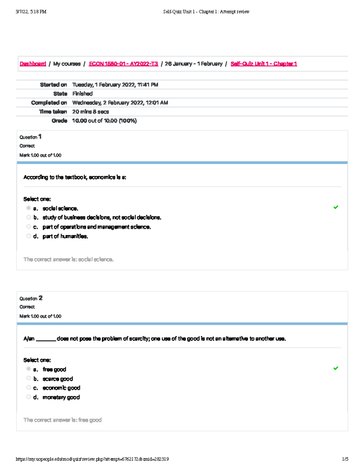 ECON 1580-01 Self-Quiz Unit 1: Introduction to Economics Review - Studocu