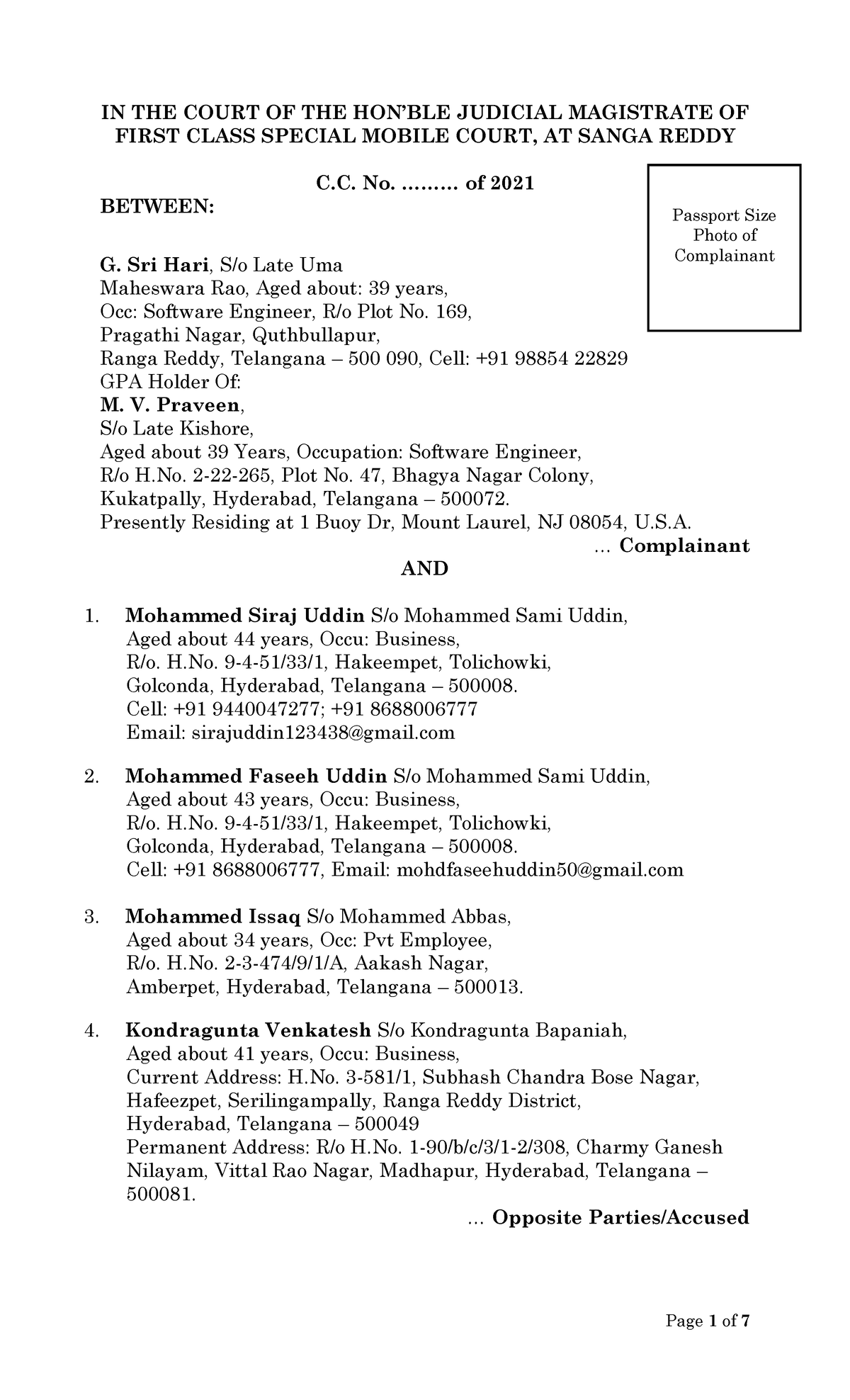 C.C. No. 2021 - Sample Private Complaint for Sections 447 & 506 IPC ...